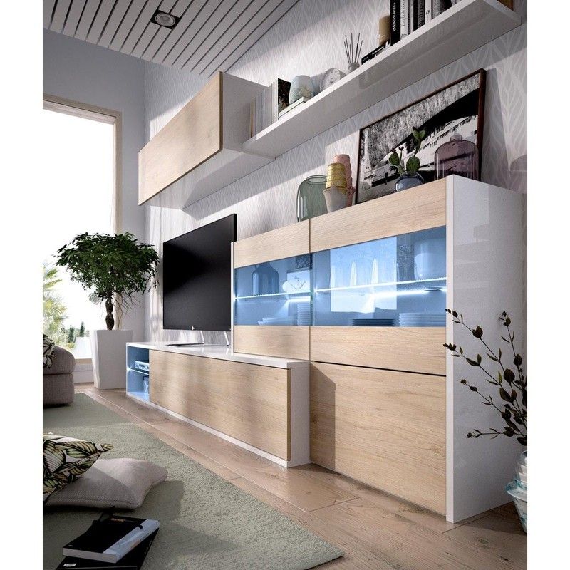 Salón TV con vitrina y leds blanco brillo / natural UMA — Bricowork