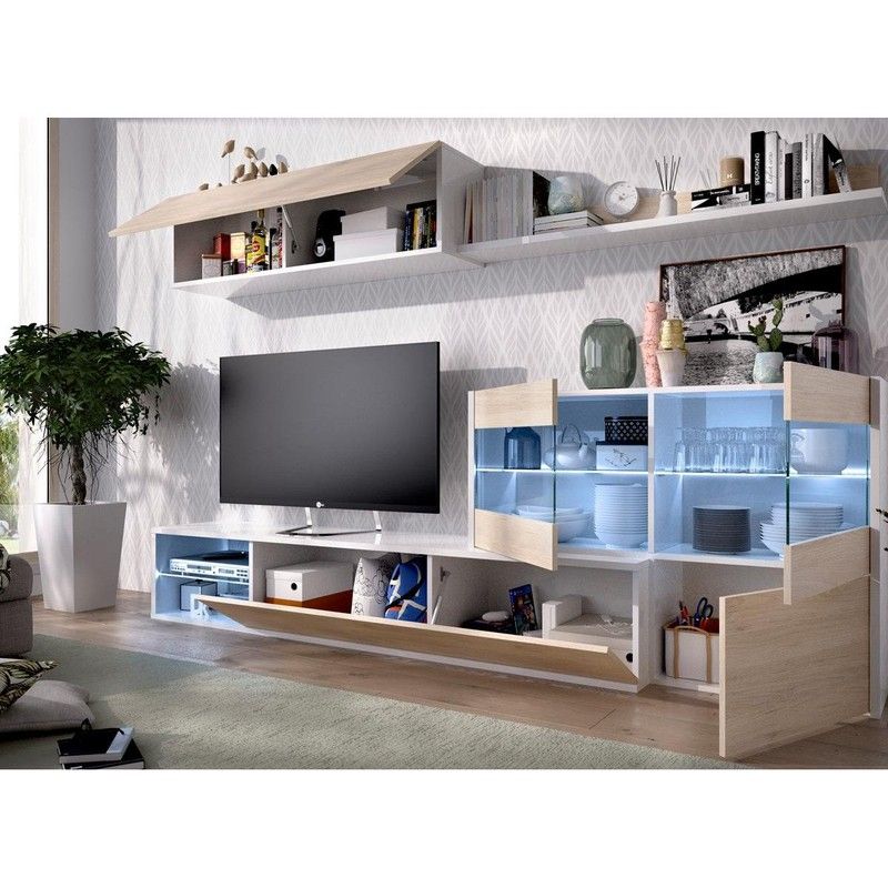 Salón TV con vitrina y leds blanco brillo / natural UMA — Bricowork